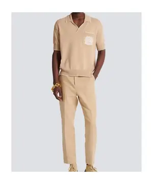 Balmain Cusson Embroidered Knit Polo Shirt - Beige