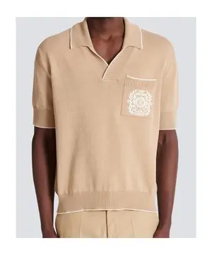 Balmain Cusson Embroidered Knit Polo Shirt - Beige
