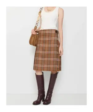 Burberry Checked Frayed-edge Midi Skirt