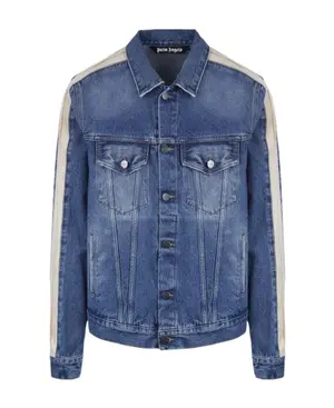Palm Angels Logo Denim Track Jacket With Striped Sleeves - Blue