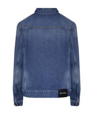 Palm Angels Logo Denim Track Jacket With Striped Sleeves - Blue