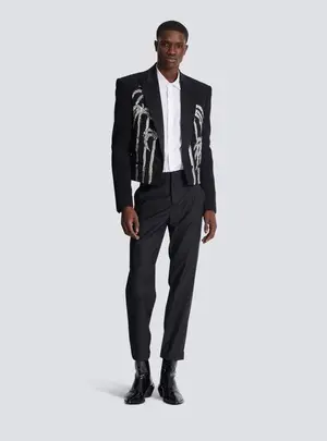 Balmain Cropped Crepe Jacket With Palm Tree Embroidery