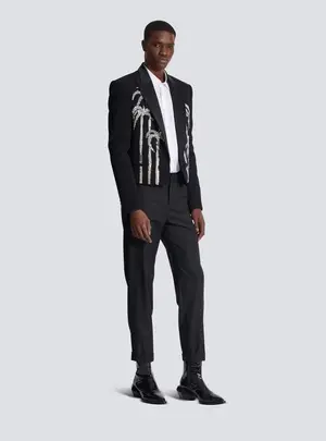 Balmain Cropped Crepe Jacket With Palm Tree Embroidery