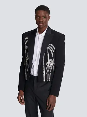 Balmain Cropped Crepe Jacket With Palm Tree Embroidery