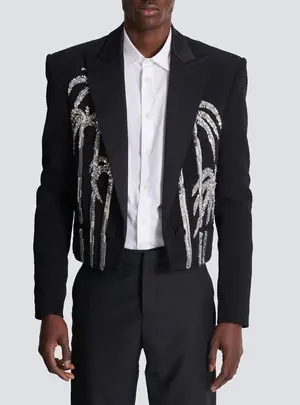 Balmain Cropped Crepe Jacket With Palm Tree Embroidery