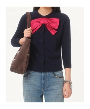 Valentino Garavani Navy Blue Cardigan With Red Bow Detail
