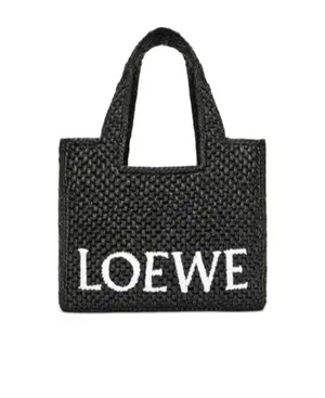 Loewe Logo Embroidered Raffia Tote Bag - Black