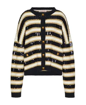Valentino Garavani Rockstud Striped Sequined Cardigan - Black
