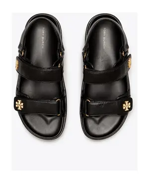 Tory Burch Motif Logo Plaque Double Strapped Sandals - Black