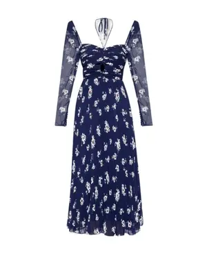 SELF-PORTRAIT Pansy Printed Cut-out Midi Dress - Blue