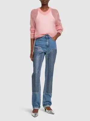 AREA Crystal Embellished Denim Trousers