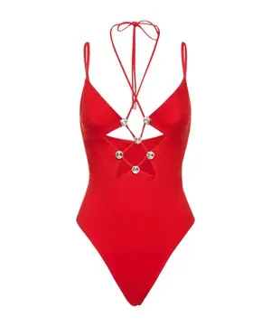 AREA Embellished Cut-out Jumpsuit - Red