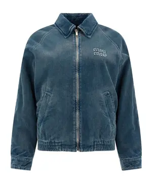 Miu Miu Logo Detailed Zip-up Jacket - Blue