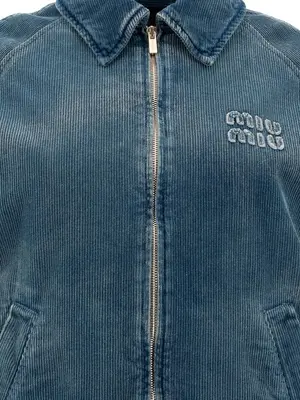 Miu Miu Logo Detailed Zip-up Jacket - Blue