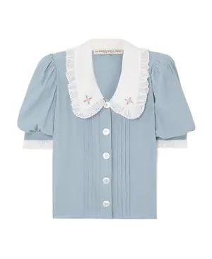 Alessandra Rich Contrast Collar Pleated Shirt - Gray