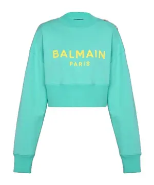 Balmain Logo Printed Crewneck Cropped Sweatshirt - Green