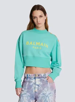 Balmain Logo Printed Crewneck Cropped Sweatshirt - Green