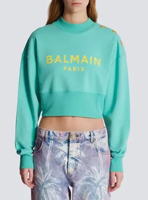 Balmain Logo Printed Crewneck Cropped Sweatshirt - Green