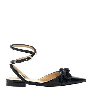 MACHMACH Mach & Mach Double Bow Pointed Toe Ballerina With Crystal Embellished Ankle Strap