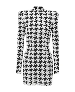 Balmain Houndstooth Print Velvet Dress - White