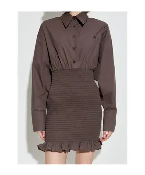 Attico Long Sleeve Shirt Dress With Ruffled Hem