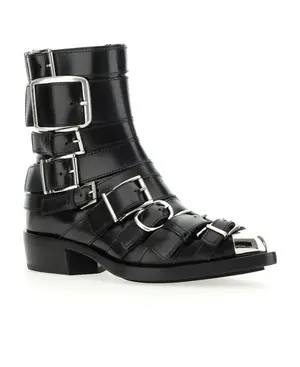 Alexander McQueen Buckle Detailed Ankle Boots With Metal Toe