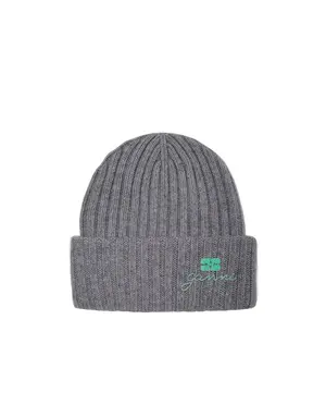 GANNI Ribbed Wool Knit Beanie - Grey