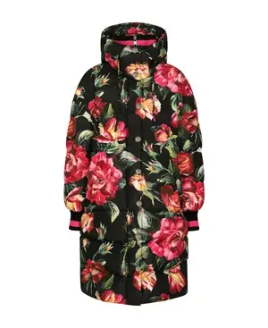 Dolce & Gabbana Floral Print High Neck Long Down Coat