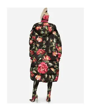 Dolce & Gabbana Floral Print High Neck Long Down Coat