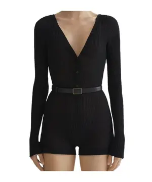 MUGLER Ribbed V-neck Long Sleeve Bodyshorts