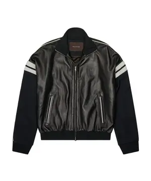 WALES BONNER High Neck Zipped Leather Bomber Jacket With Stripe Detail