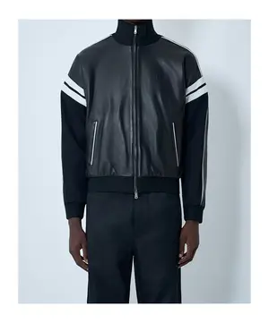 WALES BONNER High Neck Zipped Leather Bomber Jacket With Stripe Detail