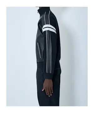 WALES BONNER High Neck Zipped Leather Bomber Jacket With Stripe Detail