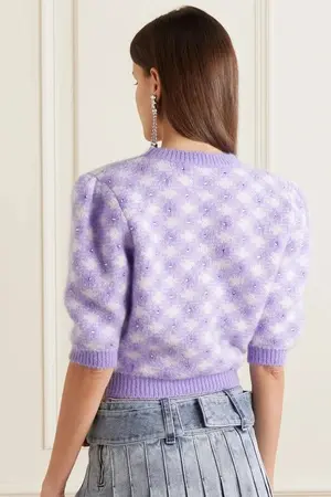 Alessandra Rich Embellished Argyle Round Neck Sweater
