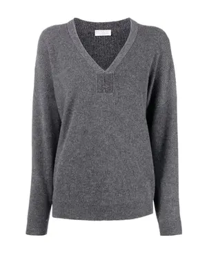 Brunello Cucinelli Ribbed V-neck Long-sleeve Sweater - Grey