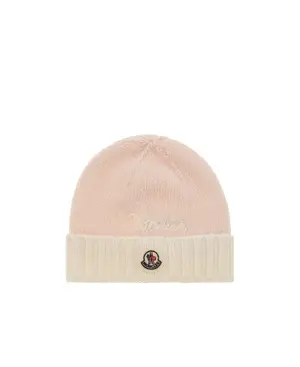 Moncler Logo Patch Beanie - Pink And Cream