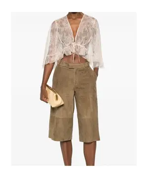 Alberta Ferretti Lace Cropped Top With Flared Sleeves And Drawstring