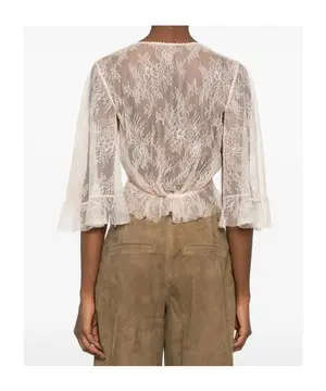 Alberta Ferretti Lace Cropped Top With Flared Sleeves And Drawstring