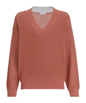 Brunello Cucinelli V-neck Mesh Knit Sweater - Orange