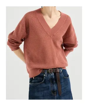 Brunello Cucinelli V-neck Mesh Knit Sweater - Orange