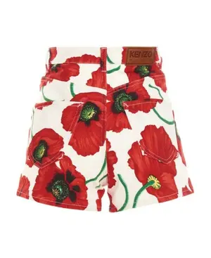 Kenzo All-over Poppy Print Denim Shorts - Red
