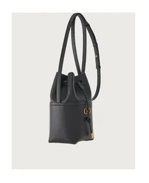 FERRAGAMO Gancini Logo Drawstring Bucket Bag - Black