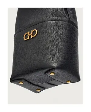 FERRAGAMO Gancini Logo Drawstring Bucket Bag - Black
