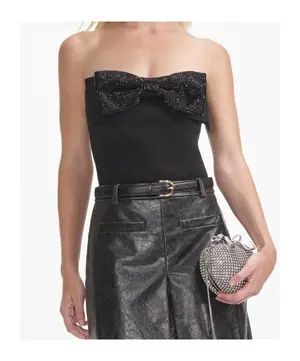 SELF-PORTRAIT Crepe Bandeau Top With Beaded Bow Detail - Black