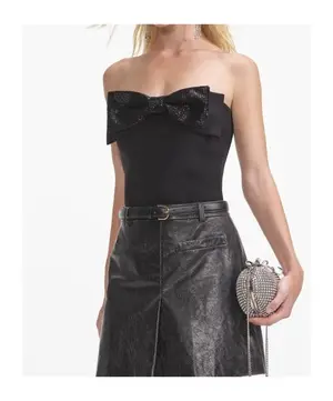 SELF-PORTRAIT Crepe Bandeau Top With Beaded Bow Detail - Black