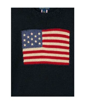 Polo Ralph Lauren Long Sleeve Crewneck Sweater With American Flag Detail - Black