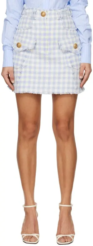 Balmain Gingham Tweed A-line Skirt