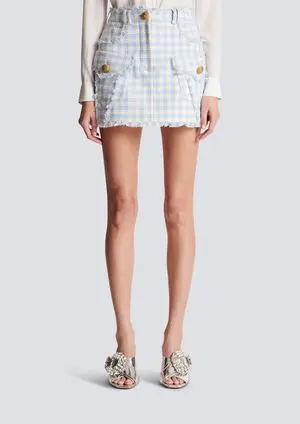 Balmain Gingham Tweed A-line Skirt
