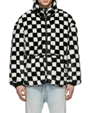 R13 White Checkered Faux Fur Jacket