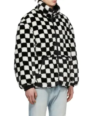 R13 White Checkered Faux Fur Jacket